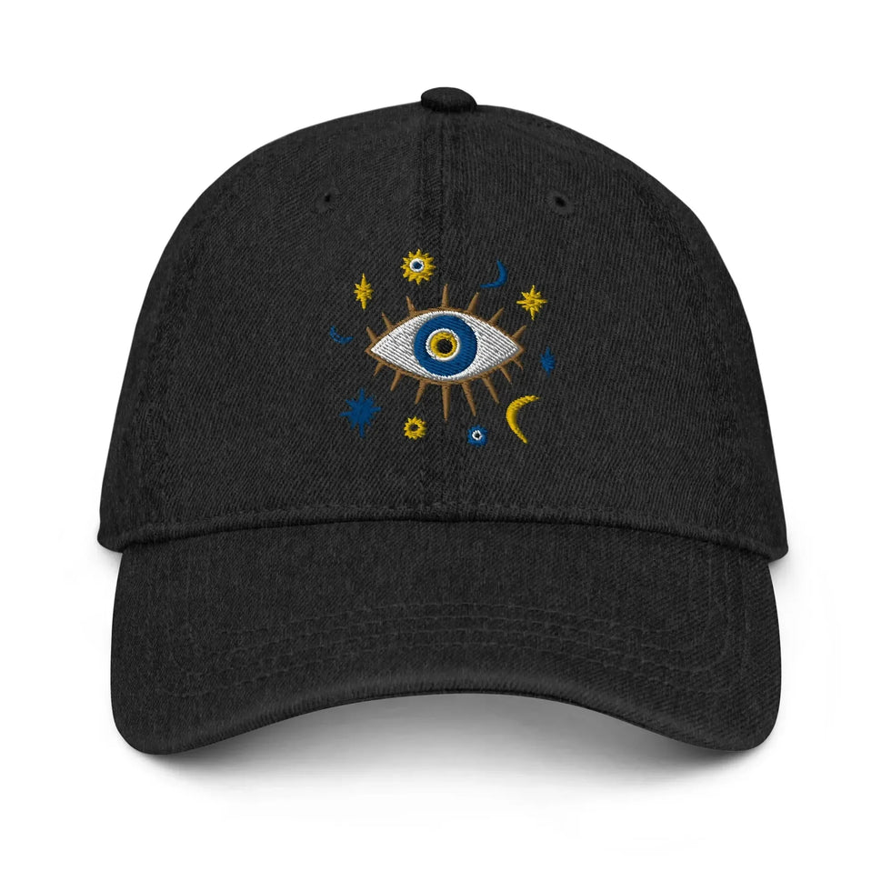 Greek Evil Eye Embroidered Denim Dad Hat – The Global Wanderer
